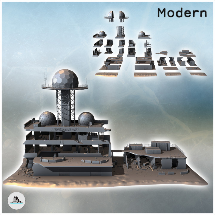3D Printable Large control center with radar domes and damaged building ...