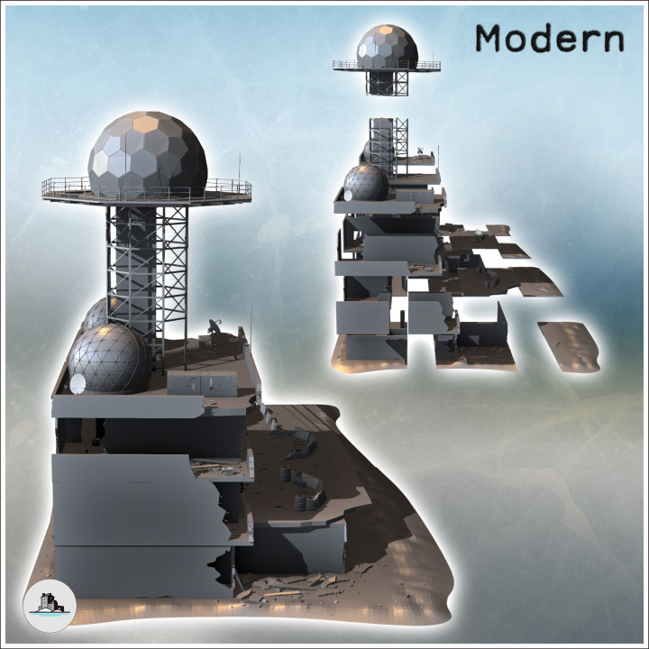 3D Printable Large control center with radar domes and damaged building ...