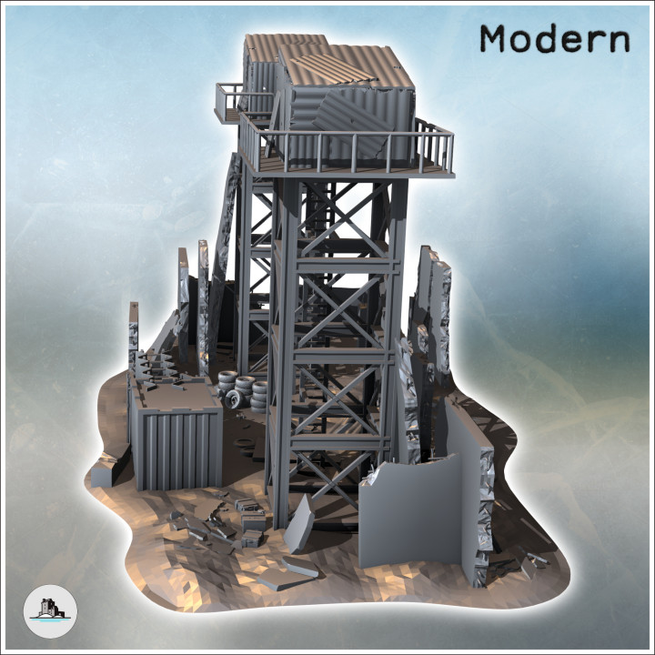 3D Printable Checkpoint with double watchtowers and ruined buildings ...