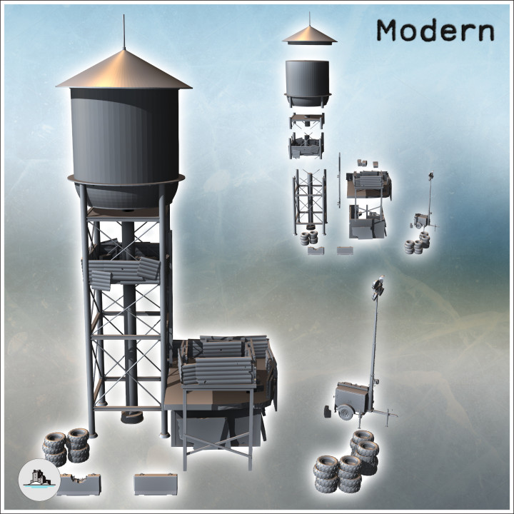 3D Printable Outpost on water storage tower with lamps and metal ...