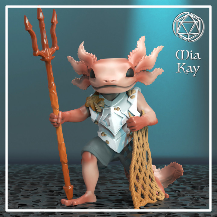 3D Printable Axolotl Warrior with Trident and Net by M3DM