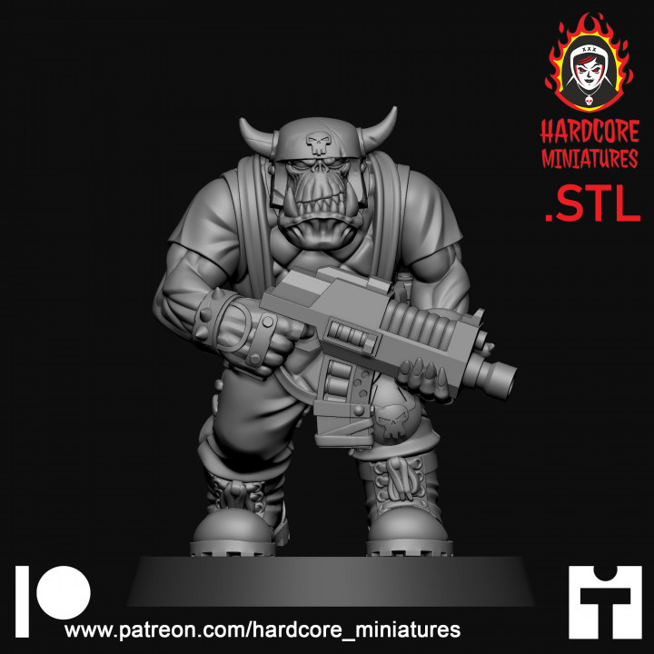 3D Printable Space Orc with Gun Walking by Hardcore Miniatures