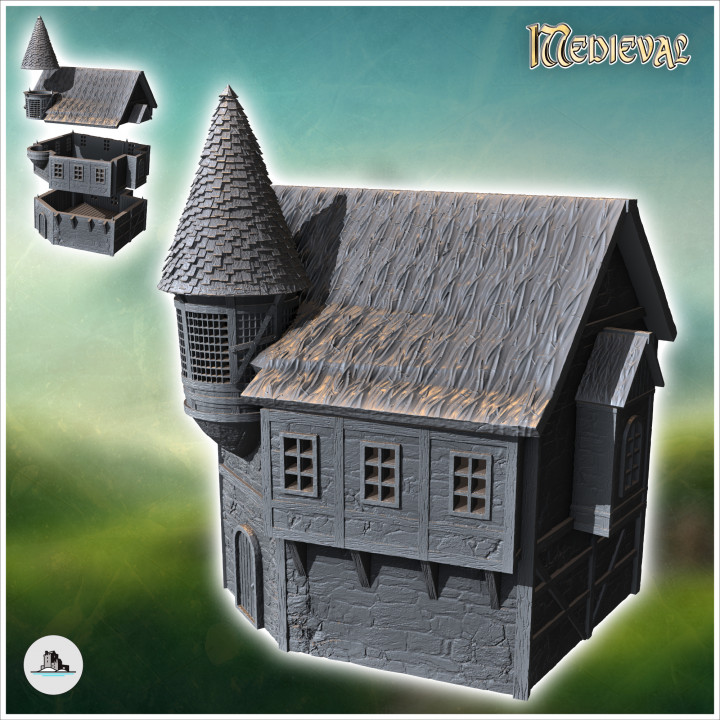 3D Printable Medieval house with round corner tower and thatched roof ...