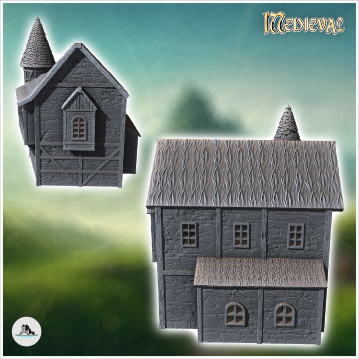 3D Printable Medieval house with round corner tower and thatched roof ...