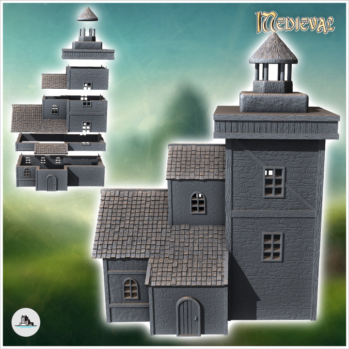 3D Printable Medieval lighthouse with square stone tower and annex ...