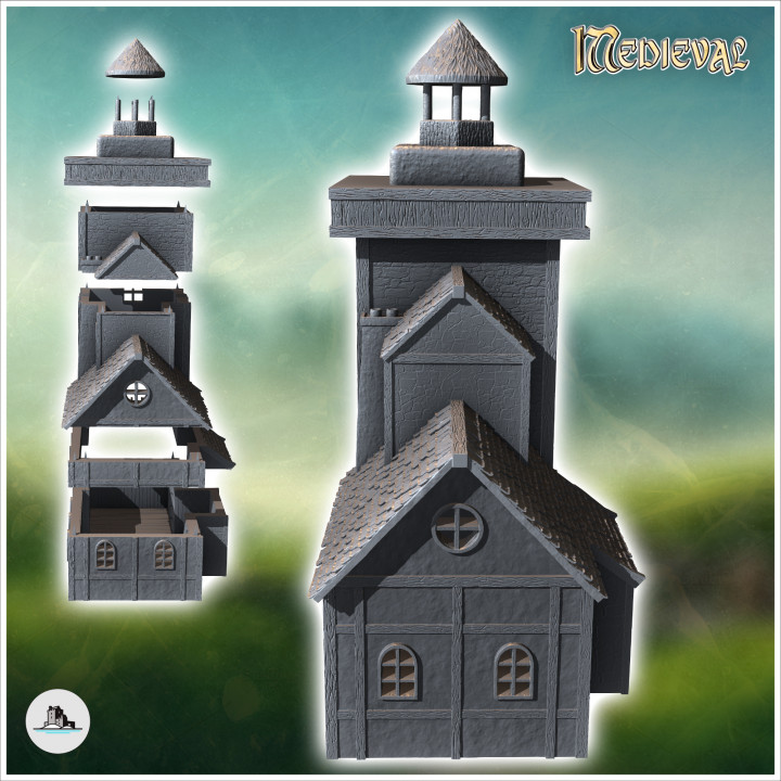 3D Printable Medieval lighthouse with square stone tower and annex ...