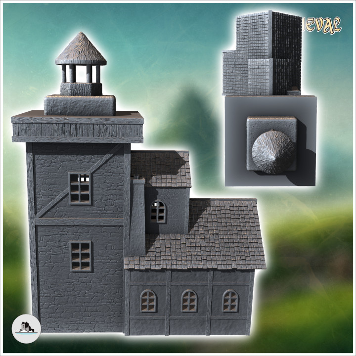 3D Printable Medieval lighthouse with square stone tower and annex ...