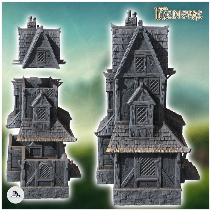 3D Printable Large medieval stone manor house with fireplace and access ...