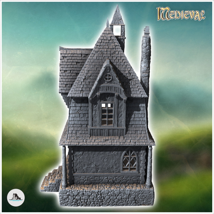 3D Printable Large medieval house with awning and concave roofs (36 ...