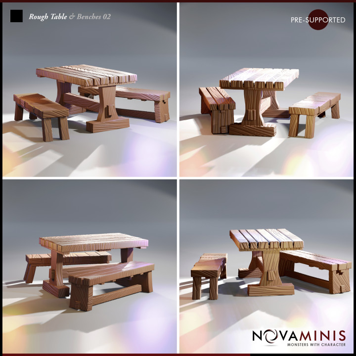 3D Printable Rough Table & Benches 02 by NovaMinis