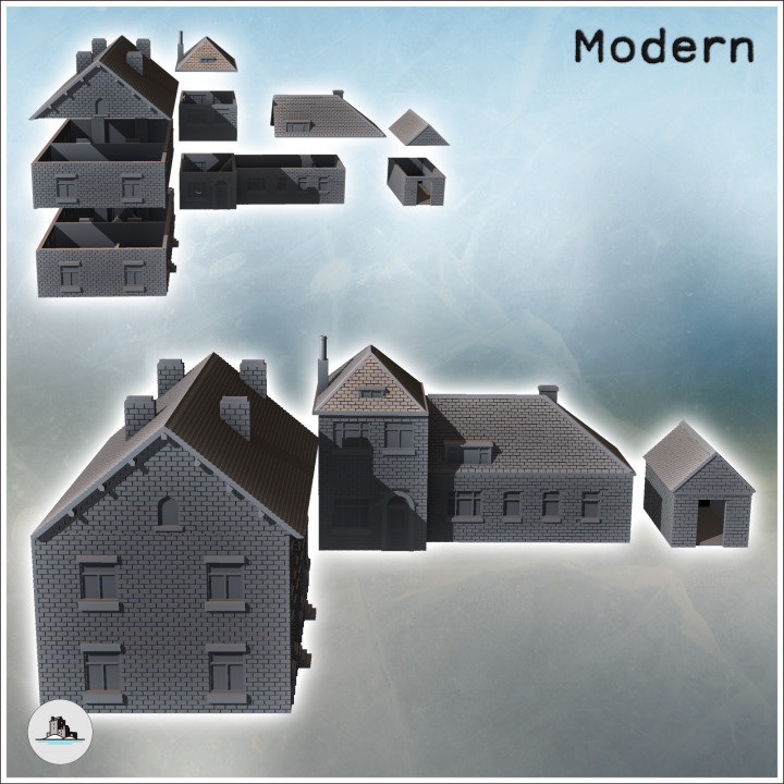 3D Printable Set of modern houses with annex and fireplaces (6 ...