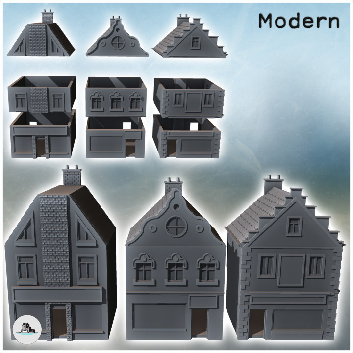 3D Printable Set of Three Modern European Flemish Houses with Fireplace ...