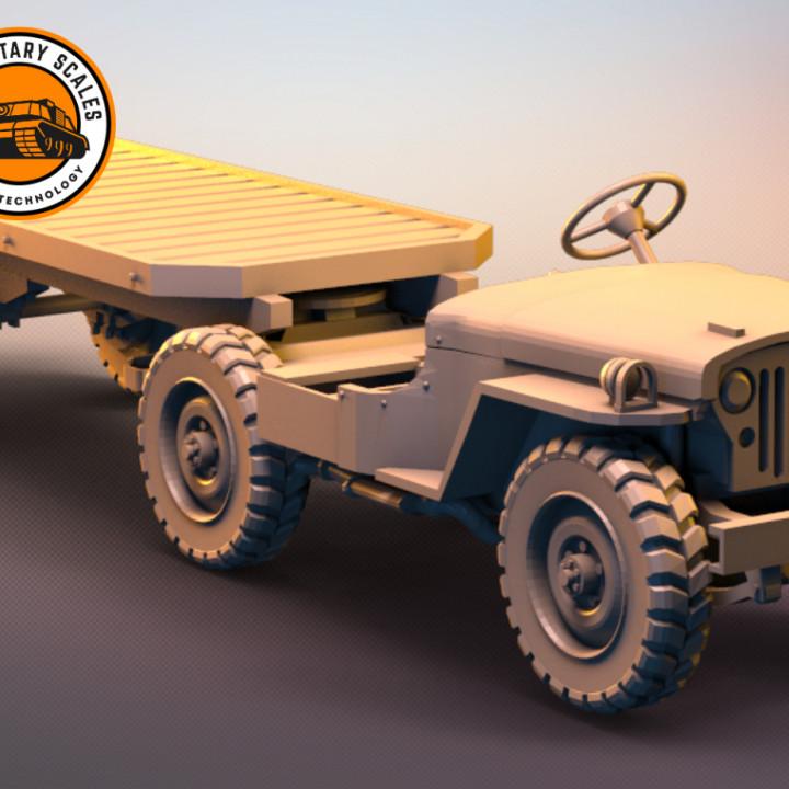 3D Printable Jeep Willys tractor with trailer by MilitaryScales