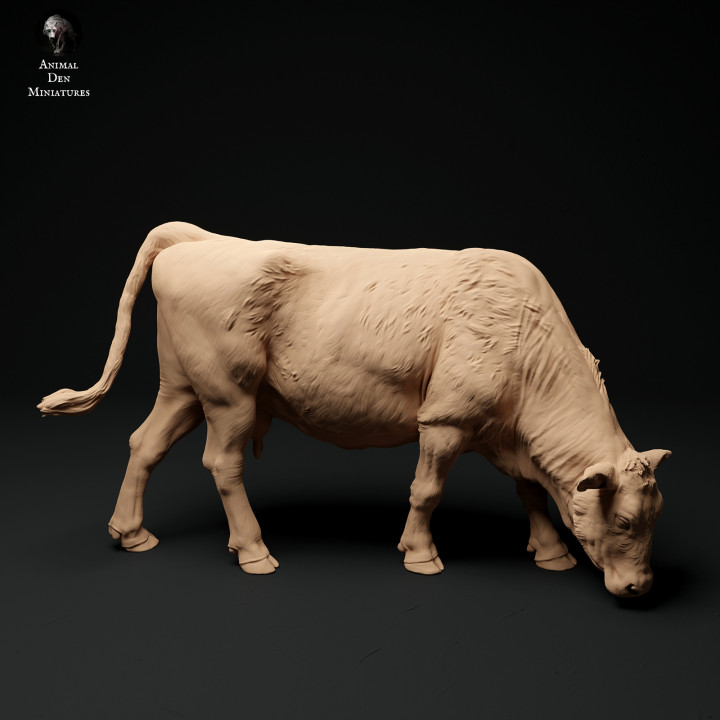 3D Printable Red Devon Cow Grazing by Animal Den Miniatures