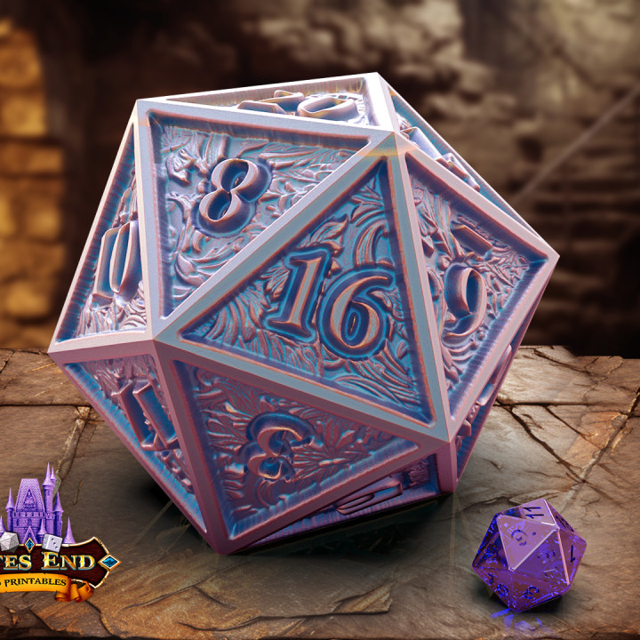 3D Printable Adorned D20 Dice Vault - SUPPORT FREE! by FatesEnd