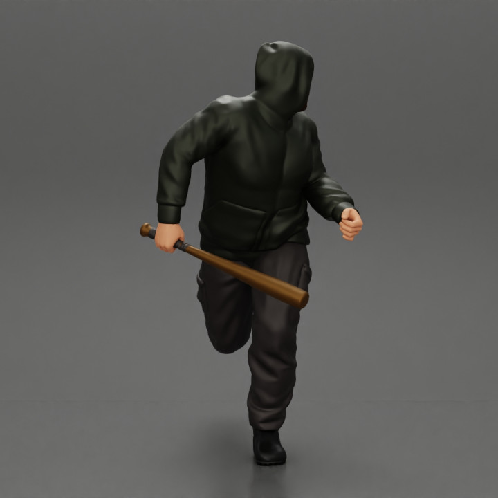 3D Printable gangster man in hoodie fears running and holds a baseball ...