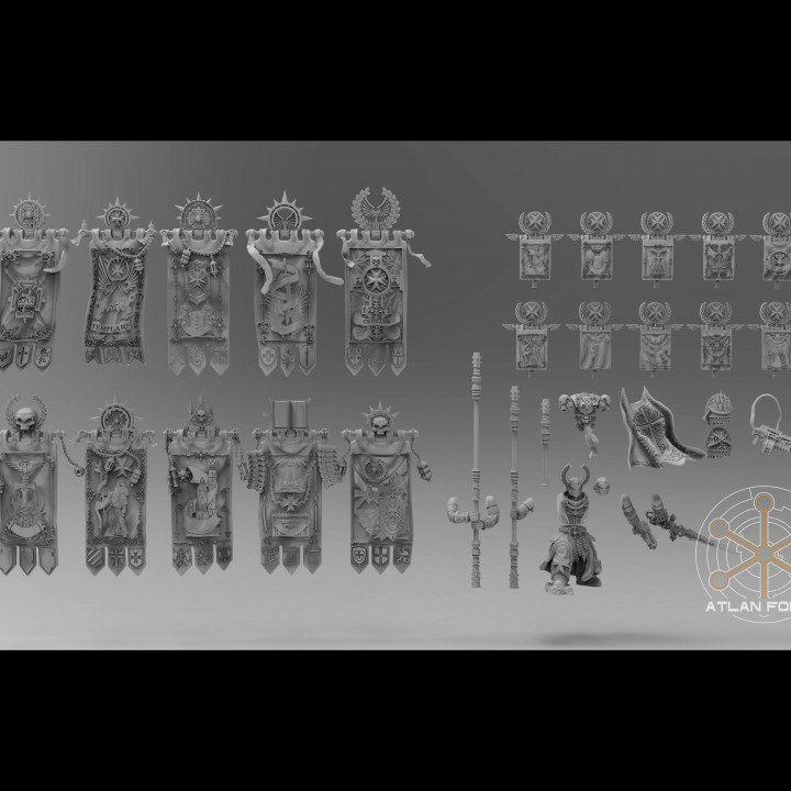 3D Printable Templar War Banners (20) + Standard Bearer by Atlan Forge