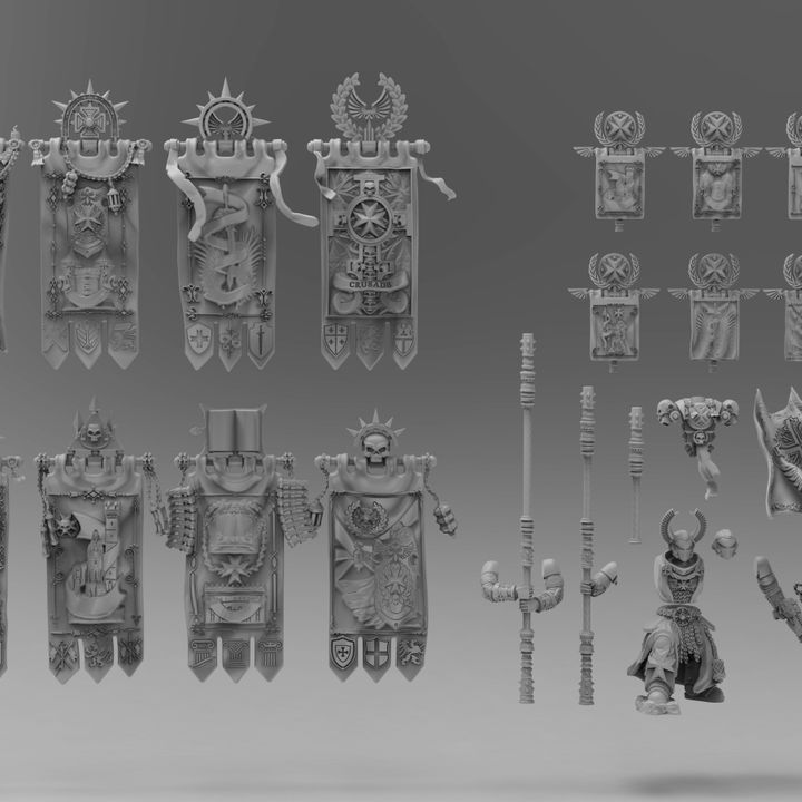 3D Printable Templar War Banners (20) + Standard Bearer by Atlan Forge