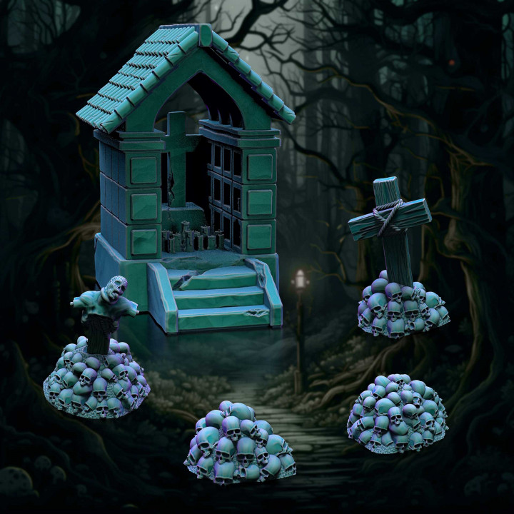 3D Printable Crypt with skulls by EightLegsMiniatures