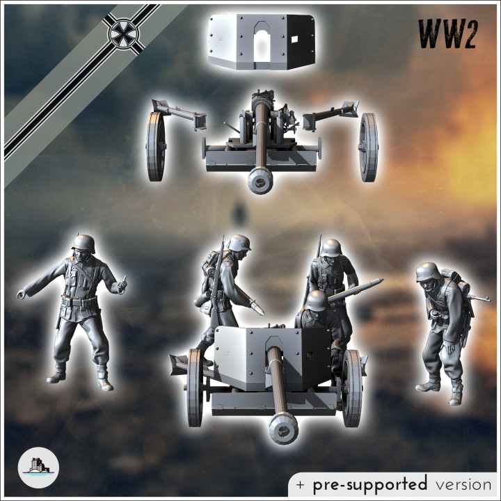 3D Printable Pak 40 75mm anti-tank gun with five crew soldiers ...