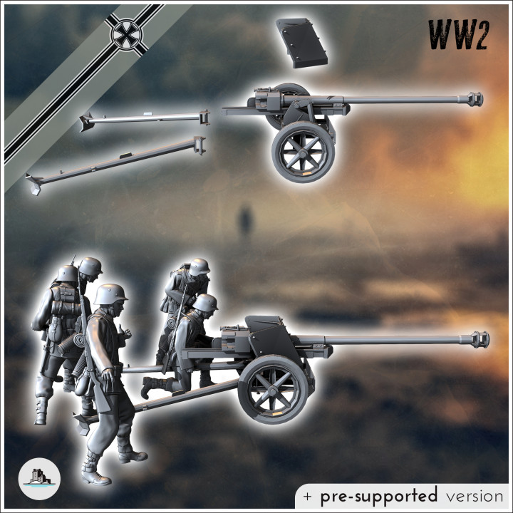 3D Printable Pak 40 75mm anti-tank gun with five crew soldiers ...