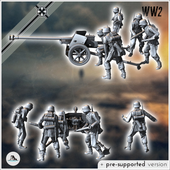 3D Printable Pak 40 75mm anti-tank gun with five crew soldiers ...