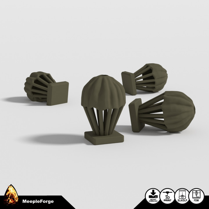 3D Printable Parachute scatter token for wargames by Andy at MeepleForge