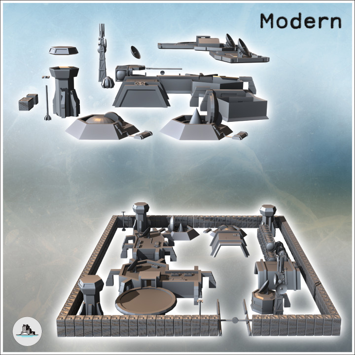 3D Printable Large modern military base set with hangars, tower ...
