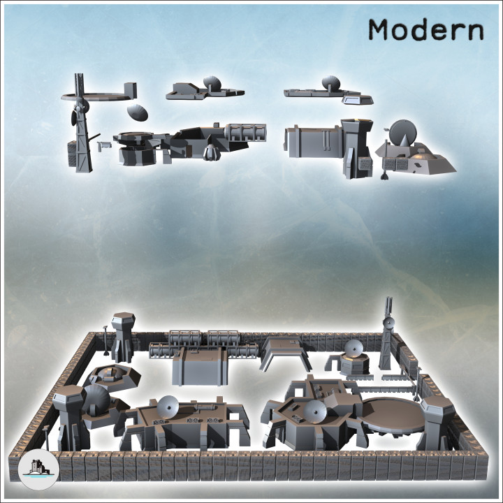 3D Printable Large modern military base set with hangars, tower ...