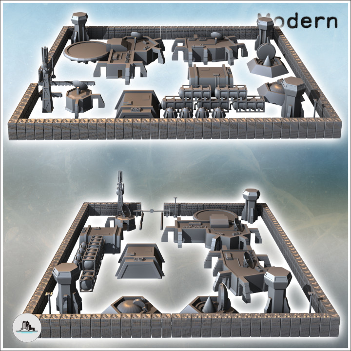 3D Printable Large modern military base set with hangars, tower ...