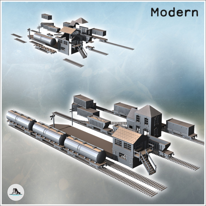 3D Printable Industrial railway station with buildings, tracks and ...