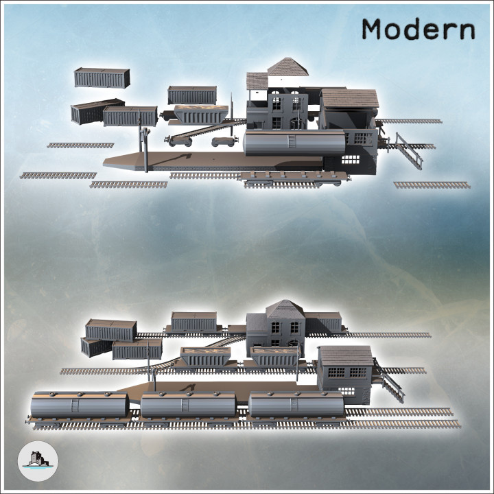 3D Printable Industrial railway station with buildings, tracks and ...