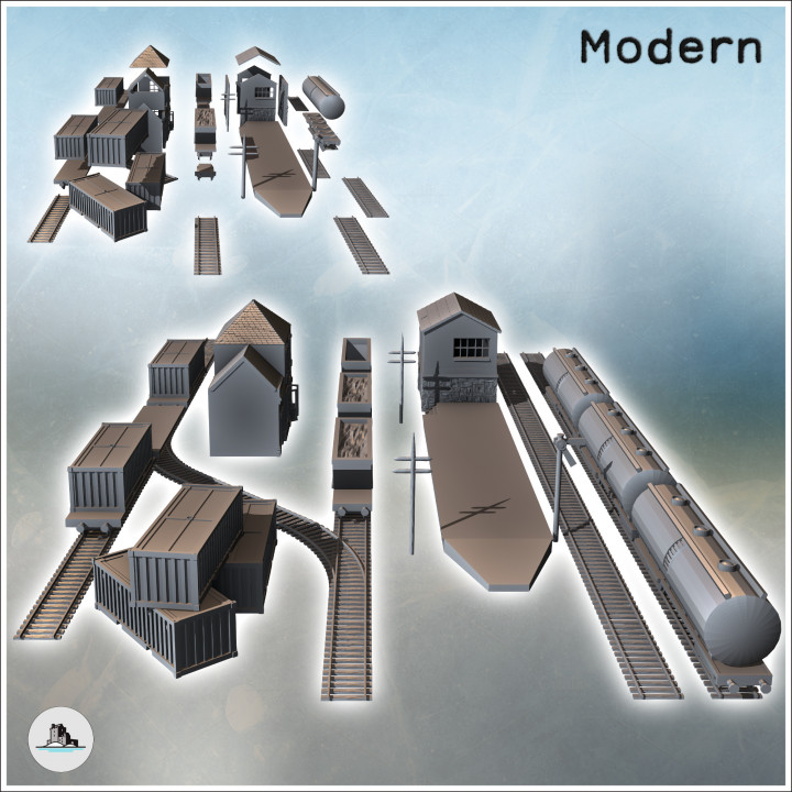 3D Printable Industrial railway station with buildings, tracks and ...