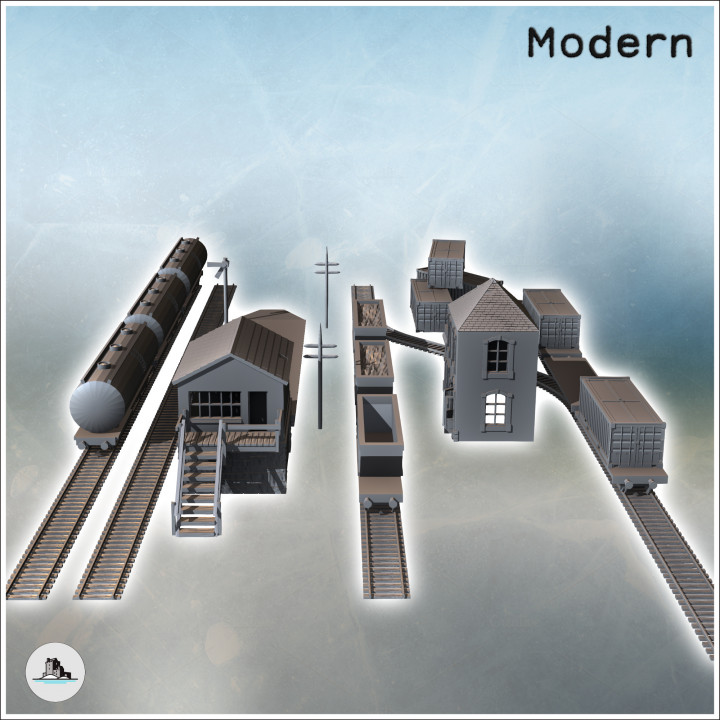 3D Printable Industrial railway station with buildings, tracks and ...