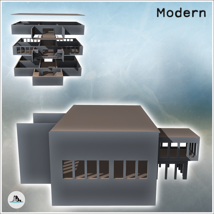 3D Printable Modern flat-roofed building with internal staircase and ...