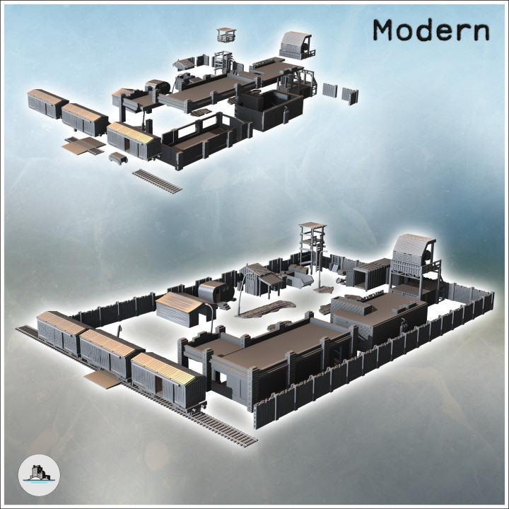 Download Modern base set with watchtowers, wooden enclosure and train ...