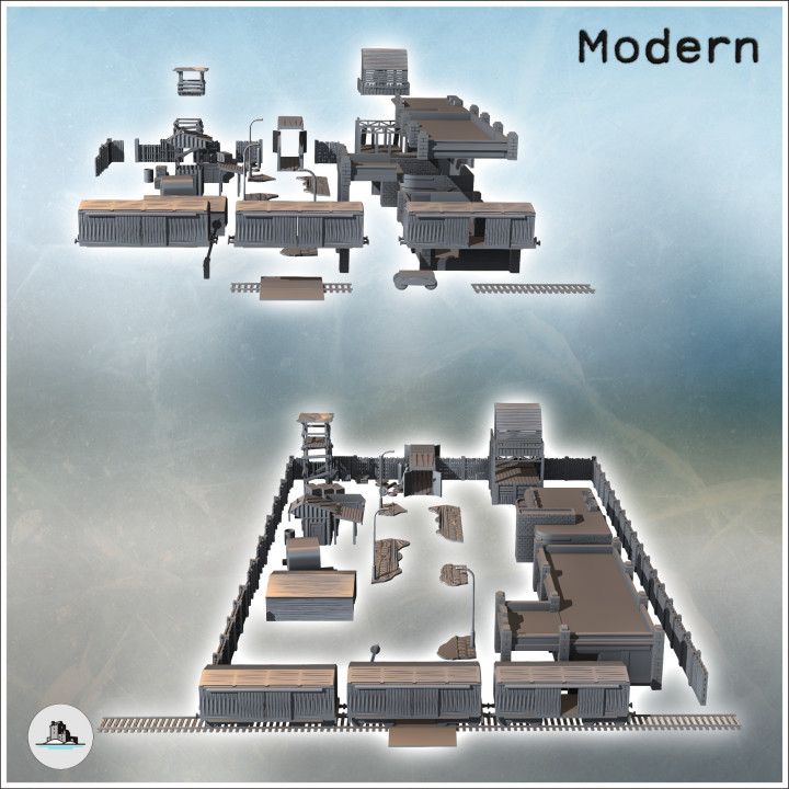 Download Modern base set with watchtowers, wooden enclosure and train ...
