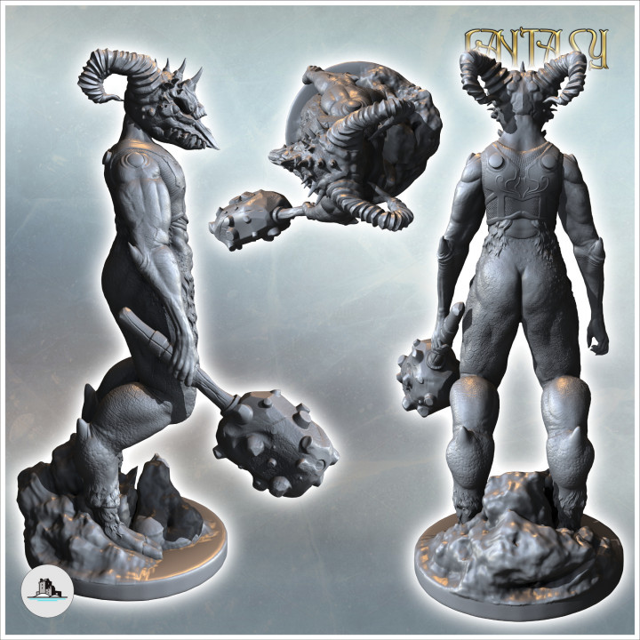 3D Printable Demon with double horns standing, holding a mace in hand ...