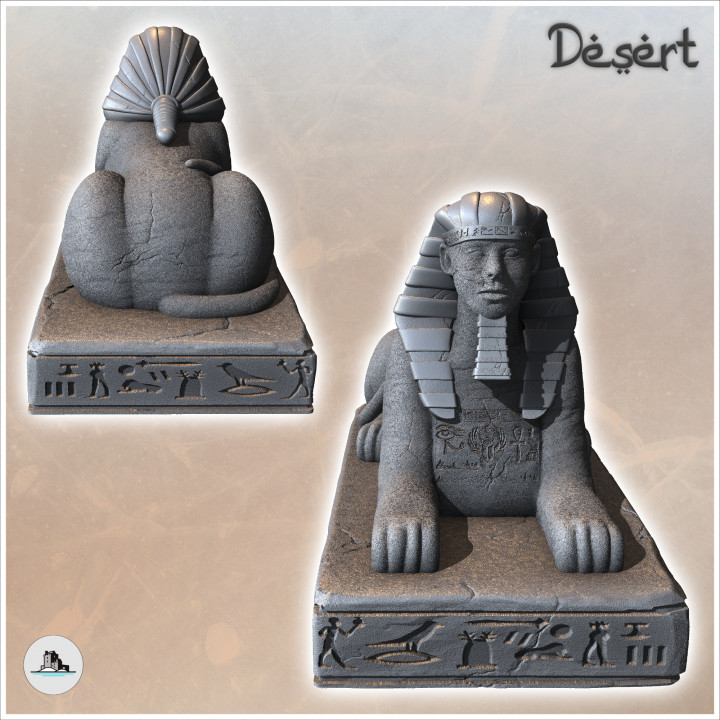 3D Printable Reclining Sphinx with Nemesis on Stone Platform (9 ...