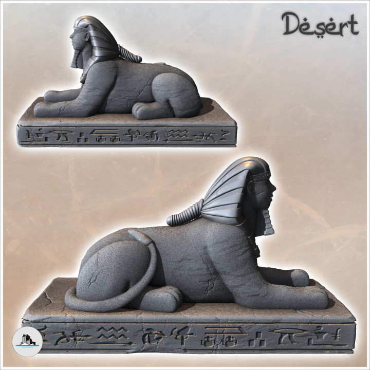 3D Printable Reclining Sphinx with Nemesis on Stone Platform (9 ...