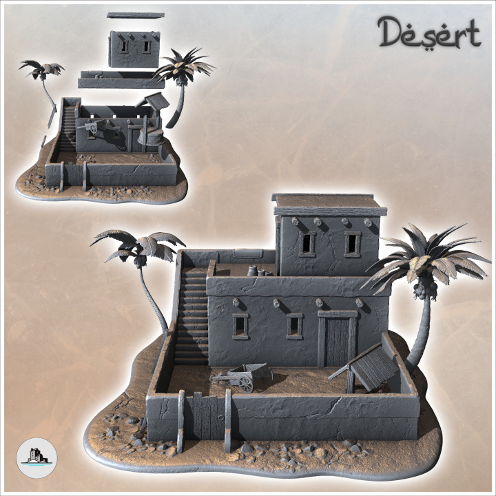 3D Printable Desert house with palm trees and staircase to roof (6 ...