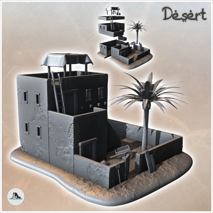 3D Printable Desert house with flat double roofs and palm tree (10 ...