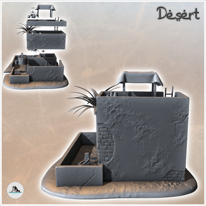 3D Printable Desert house with flat double roofs and palm tree (10 ...