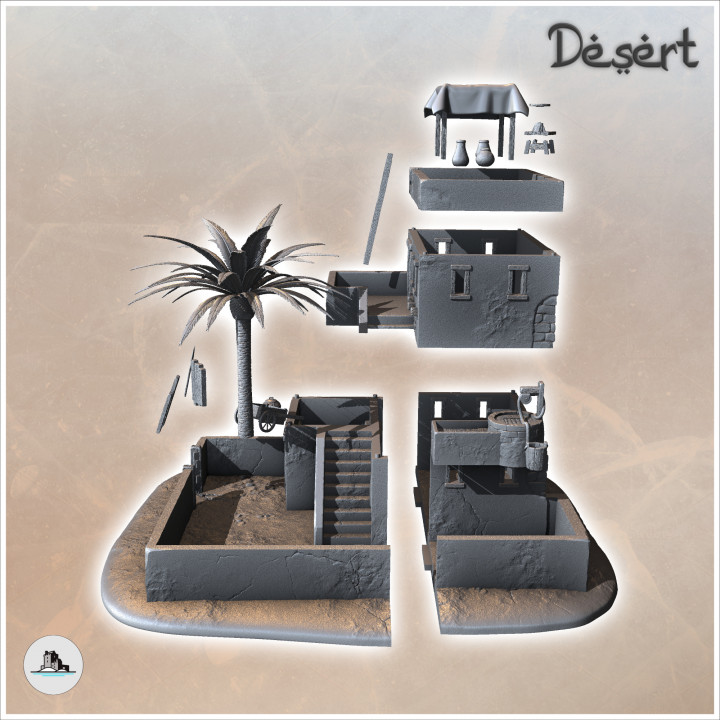 3D Printable Desert house with flat double roofs and palm tree (10 ...