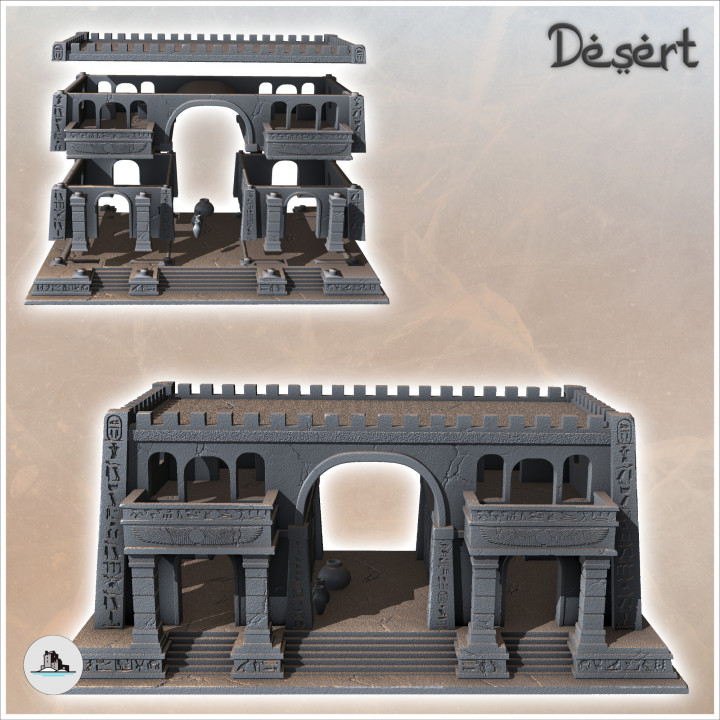 3D Printable Large Egyptian building with crenellated roof and double ...