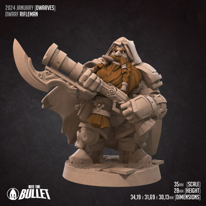 3D Printable Dwarf Rifleman (2 Versions) by Bite the Bullet