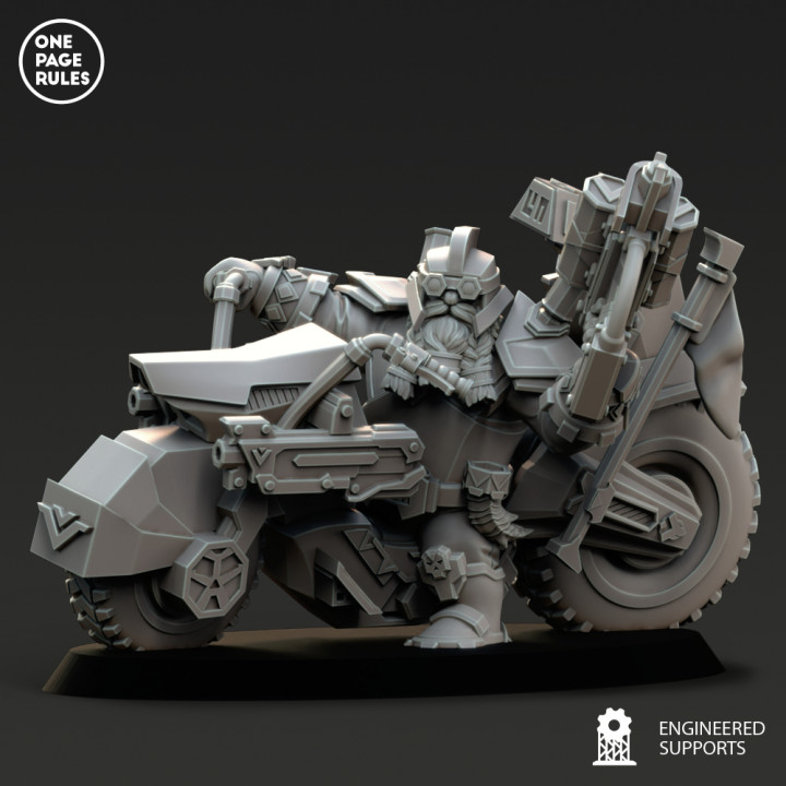 3D Printable Dwarf Champion on Combat Bike - Dwarf Guilds by One Page Rules