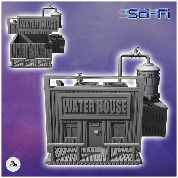 3D Printable Futuristic western water storage building with pipes and ...