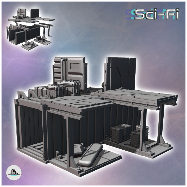 3D Printable Modified container with crates and multiple metal awnings ...