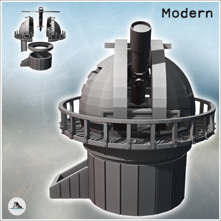 3D Printable Damaged modern observatory with large telescope and ...